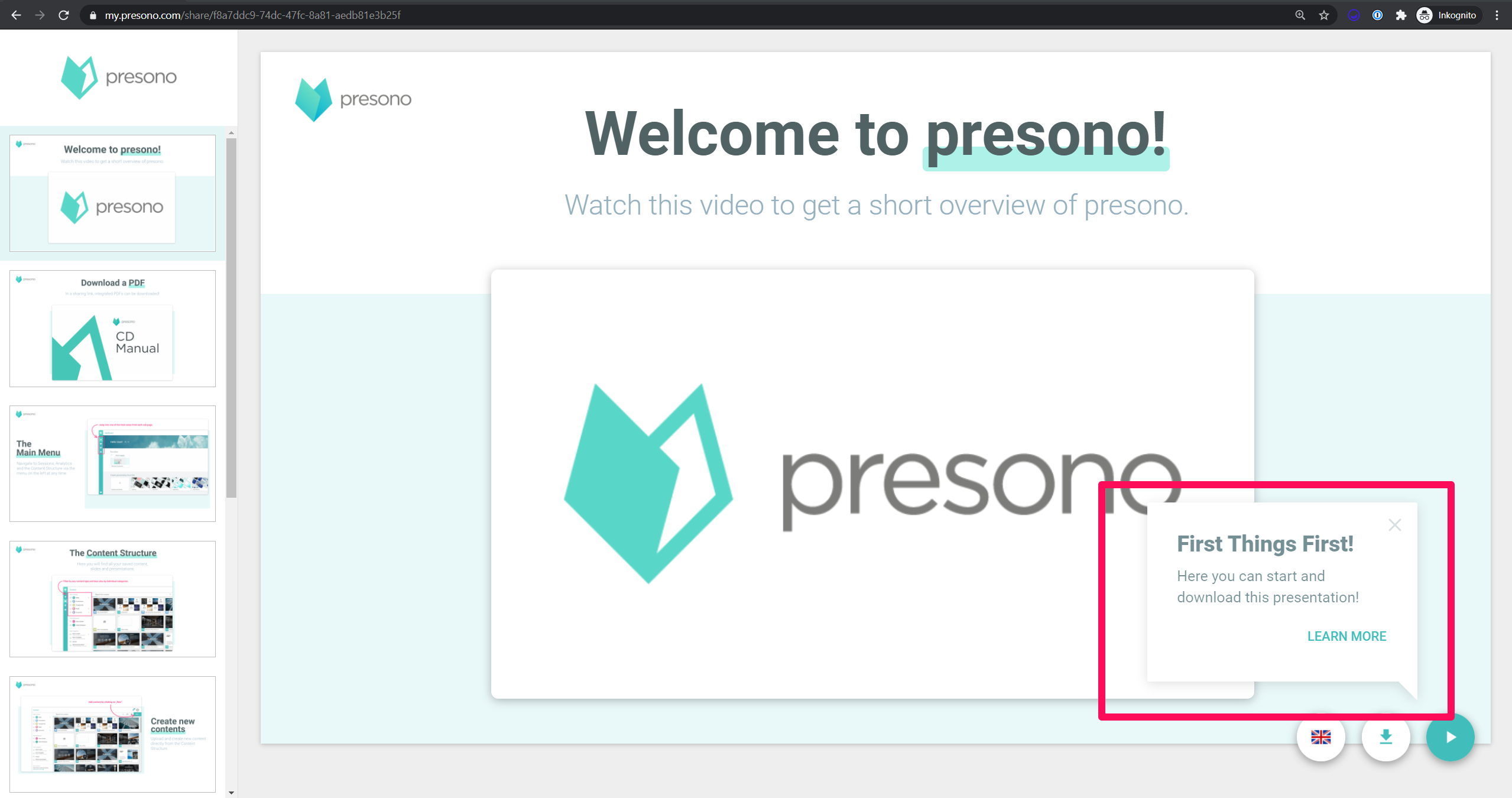 Share presentations/sessions as a link – presono's knowledgebase